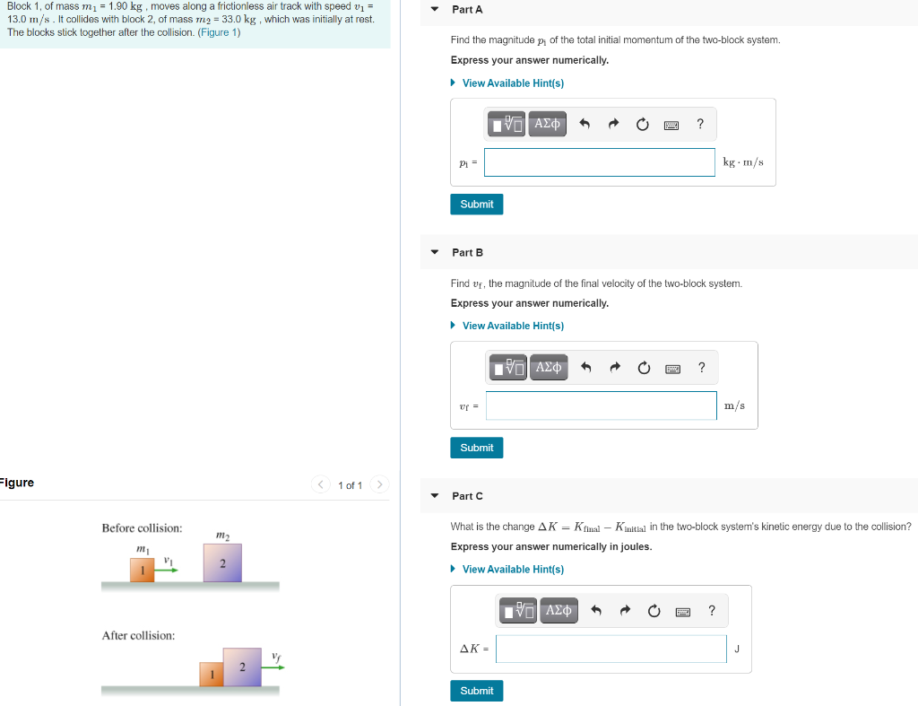 Solved Part A Block 1, of mass m1 = 1.90 kg, moves along a | Chegg.com
