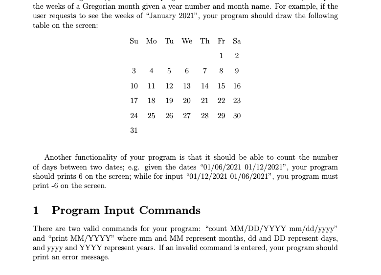 Solved the weeks of a Gregorian month given a year number | Chegg.com