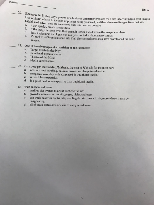Solved Name: ID: A 20. (Scenario 16-3) One way a person or a | Chegg.com