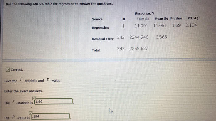 Solved Use the following ANOVA table for regression to | Chegg.com