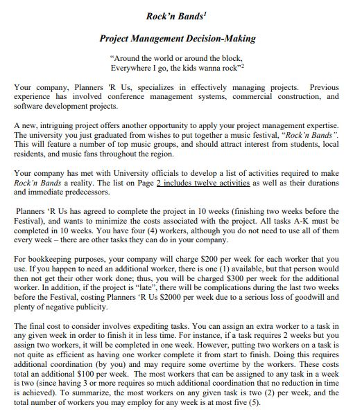 Solved Rock'n Bands Project Management Decision-Making | Chegg.com