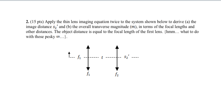 Solved 2. (15 pts) Apply the thin lens imaging equation | Chegg.com