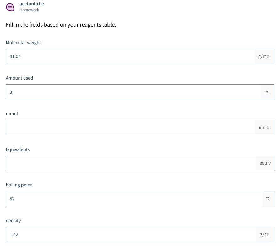 Solved Fill in the fields based on your reagents table. | Chegg.com