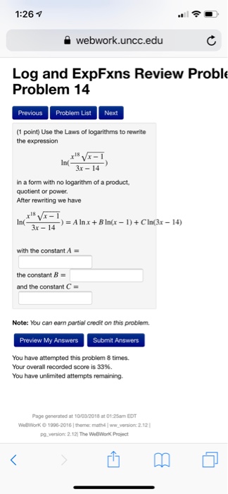 Solved 1:26 T el 을 webwork.uncc.edu Log and ExpFxns Review | Chegg.com