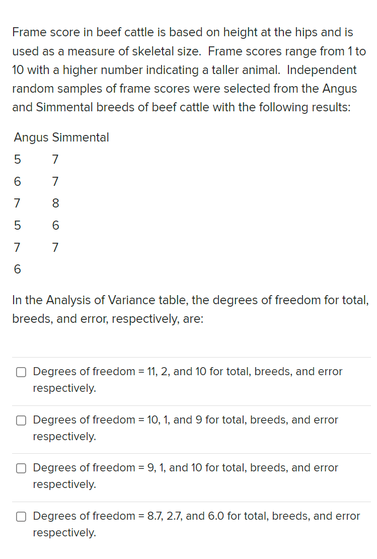 Solved Frame score in beef cattle is based on height at the | Chegg.com