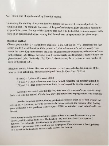 Q2 - Find a root of a polynomial by Bisection method | Chegg.com