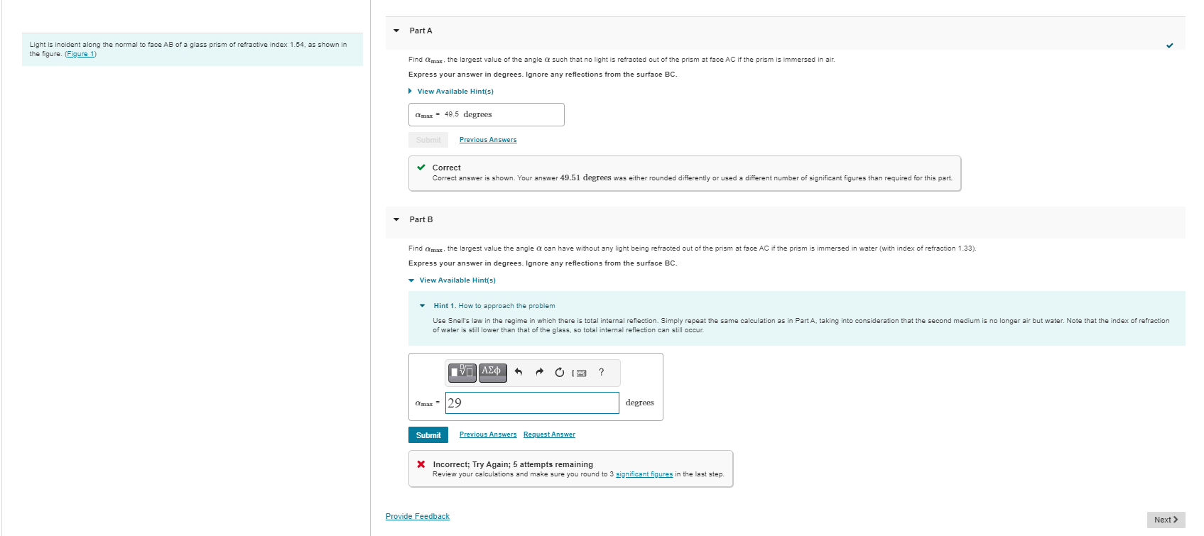 Solved Light is incident along the normal to face AB of a | Chegg.com