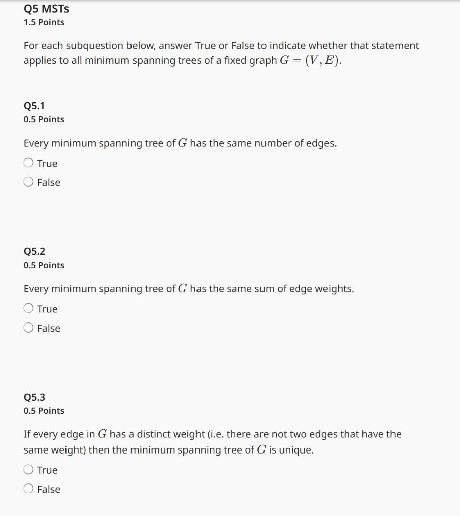 Solved Q5 MSTs 1.5 Points For each subquestion below, answer | Chegg.com