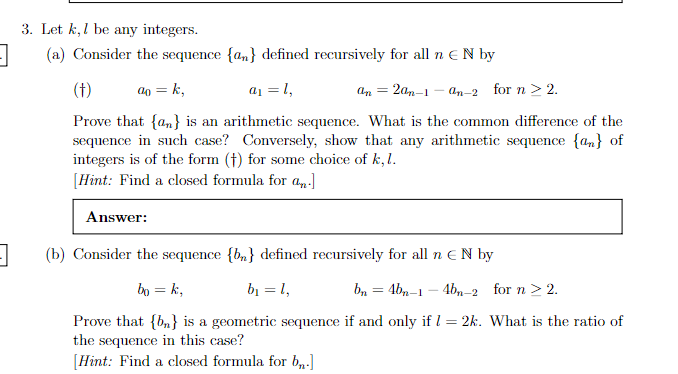 Solved 3. Let k,l be any integers. (a) Consider the sequence | Chegg.com