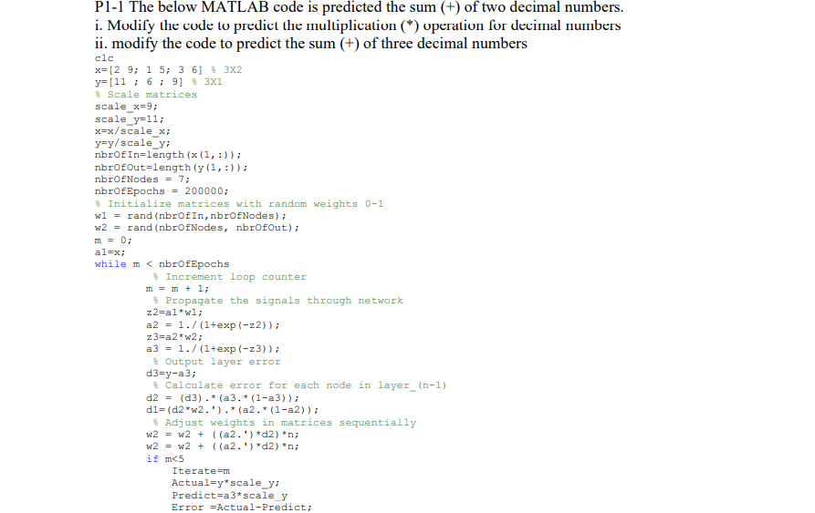 P1-1 The below MATLAB code is predicted the sum (+) | Chegg.com