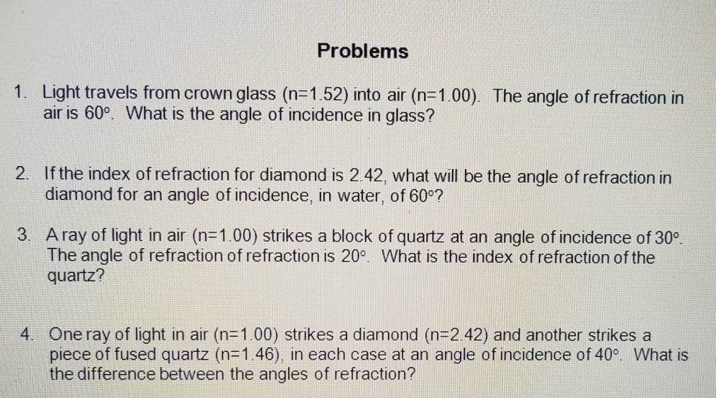 Solved Problems Light travels from crown glass (n=1.52) into | Chegg.com