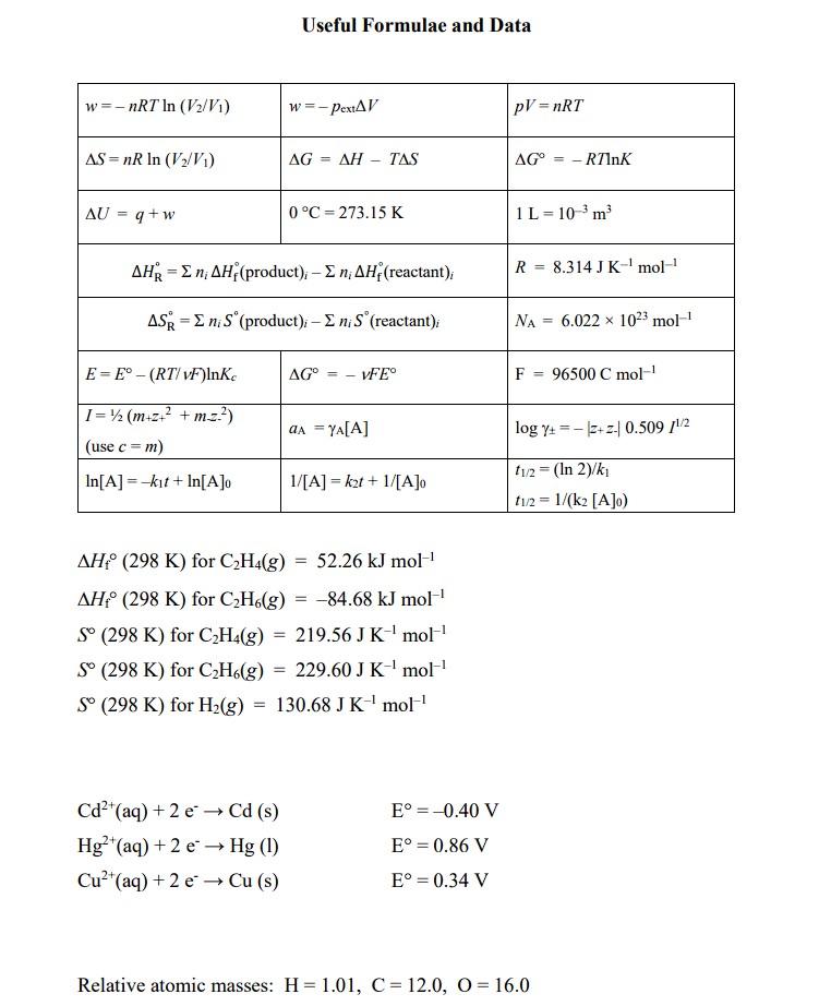 Solved Useful Formulae and Data ΔHf∘(298 K) for | Chegg.com