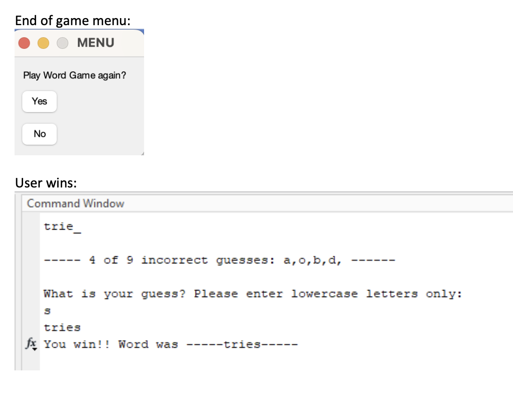 Solved Command Window d 3 of 9 incorrect guesses: a,t,q, | Chegg.com