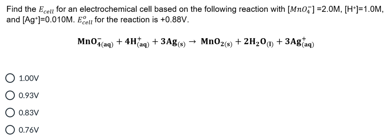 Solved Find the Ecell for an electrochemical cell based on | Chegg.com