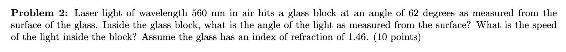 Solved Problem 2: Laser light of wavelength 560 nm in air | Chegg.com