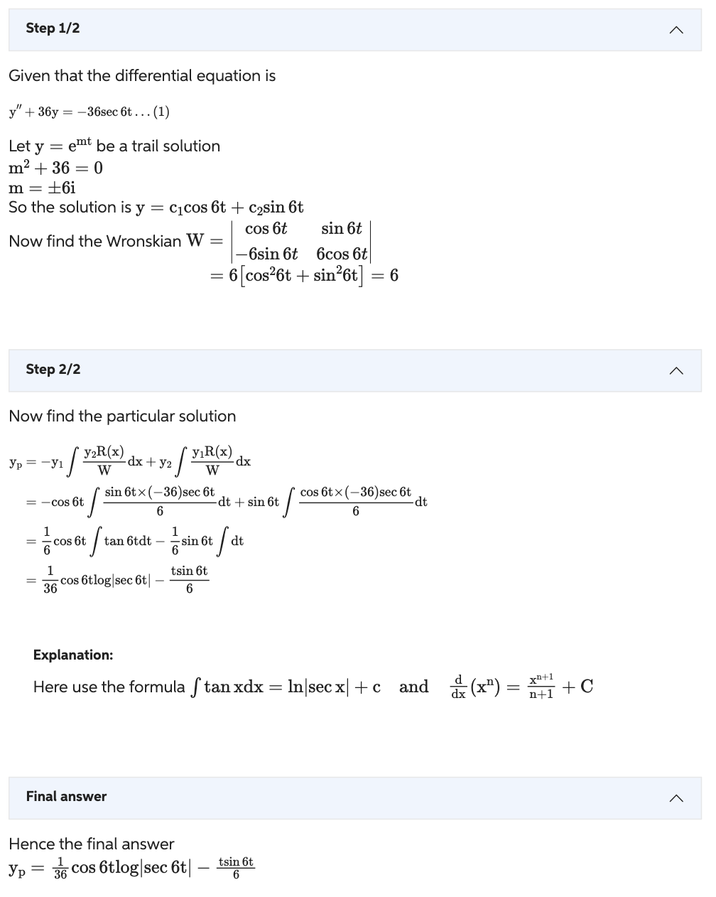 Solved Find a particular solution to y′′+36y=−36sec(6t). | Chegg.com