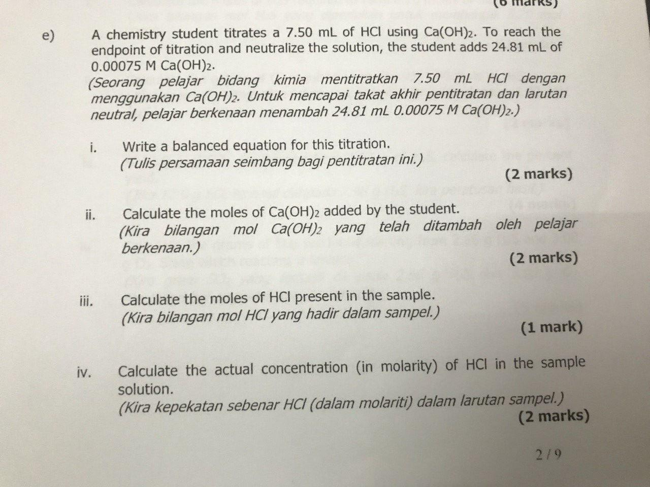Solved e) A chemistry student titrates a 7.50 mL of HCI | Chegg.com
