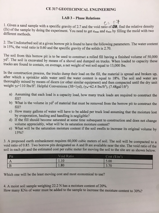 Solved CE 317 GEOTECHNICAL ENGINEERING LAB 3-Phase Relations | Chegg.com