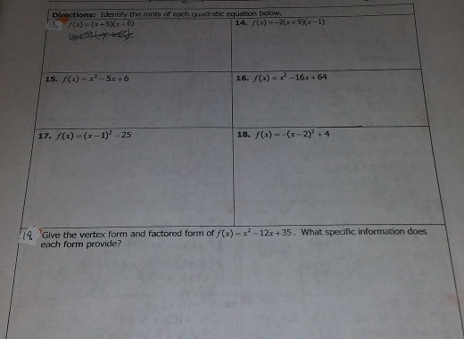 Solved Directions: Identify the roots of each quadratic | Chegg.com