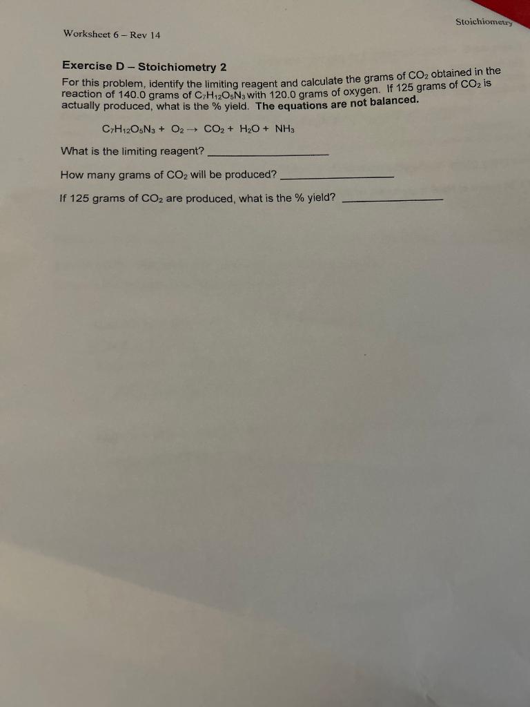 Solved Exercise D - Stoichiometry 2 For this problem, | Chegg.com
