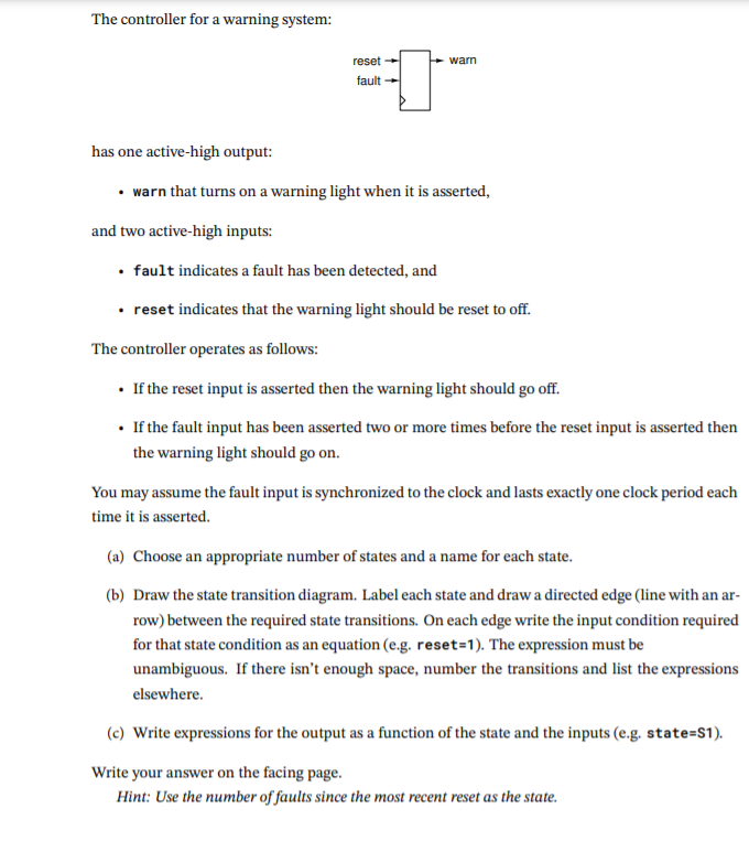 Solved The controller for a warning system: reset warn fault | Chegg.com