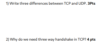 Solved 1) Write three differences between TCP and UDP. 3Pts | Chegg.com