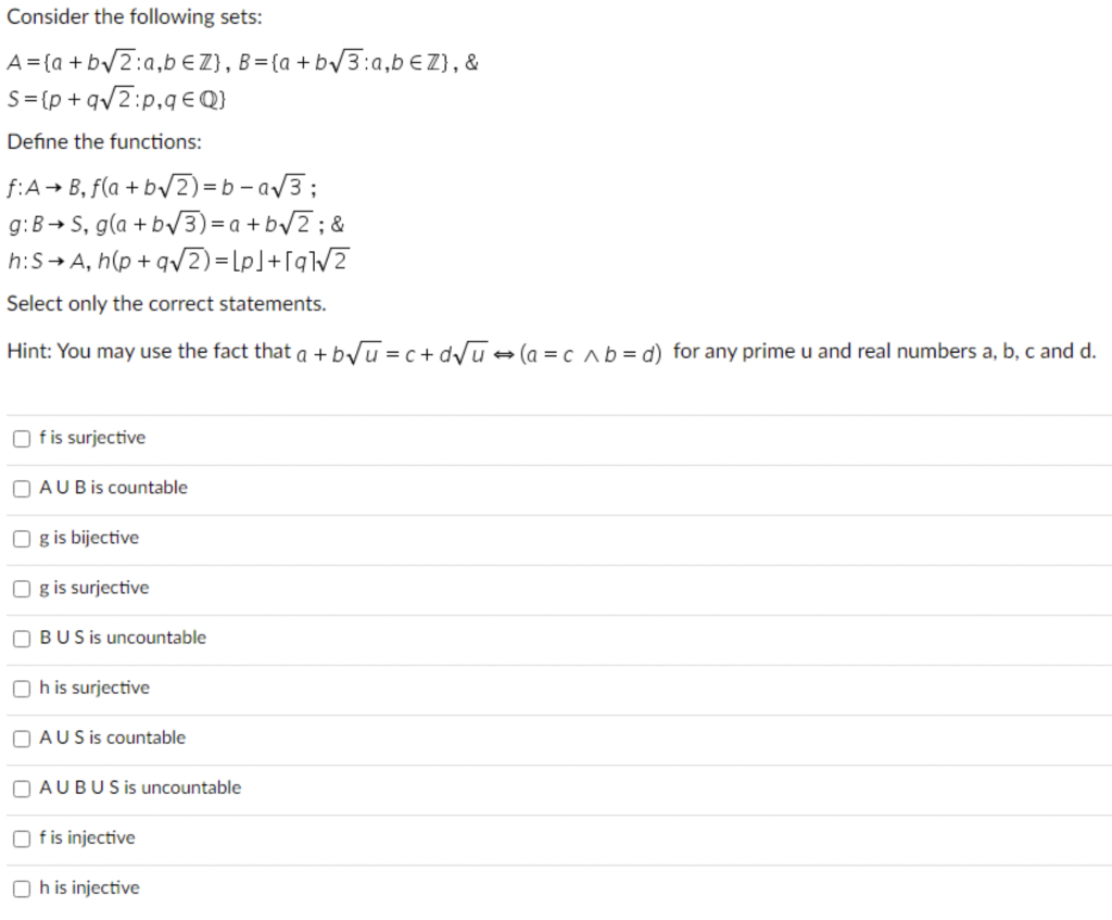 Solved Consider the following sets: A = {a+b√2:a,b €Z}, B = | Chegg.com