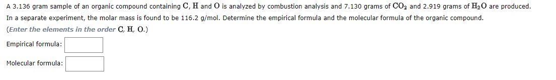 Solved A 3.136 gram sample of an organic compound containing | Chegg.com