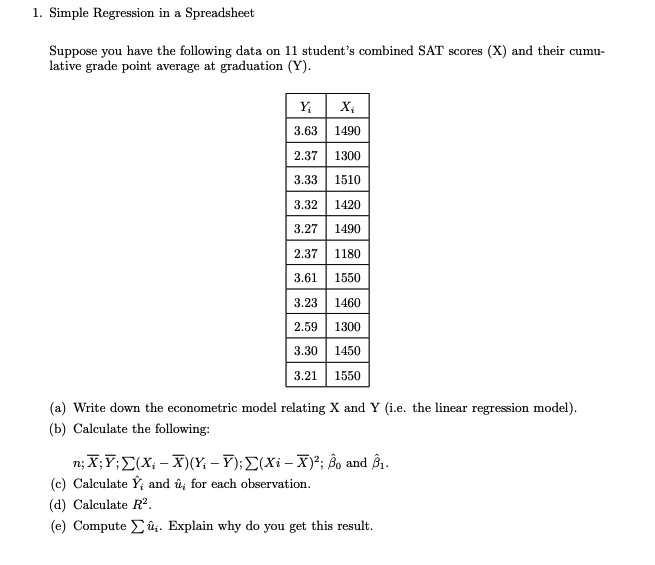 Simple Regression in a Spreadsheet Suppose you have | Chegg.com