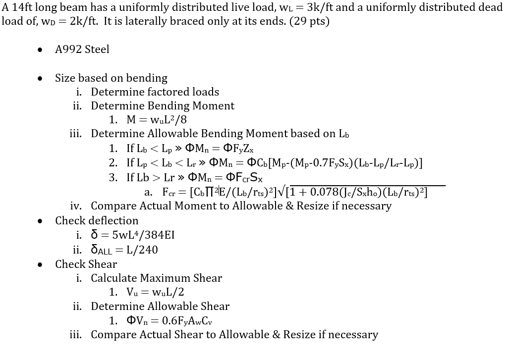 Solved 14ft long beam has a uniformly distributed live load, | Chegg.com