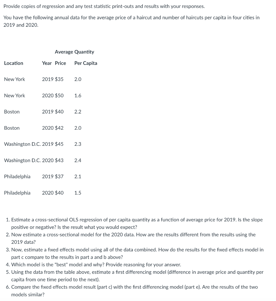 Provide copies of regression and any test statistic | Chegg.com