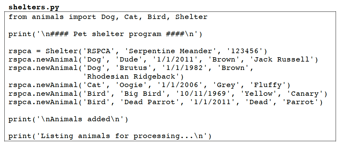 Solved Type in the code below as shelters.py and copy and | Chegg.com