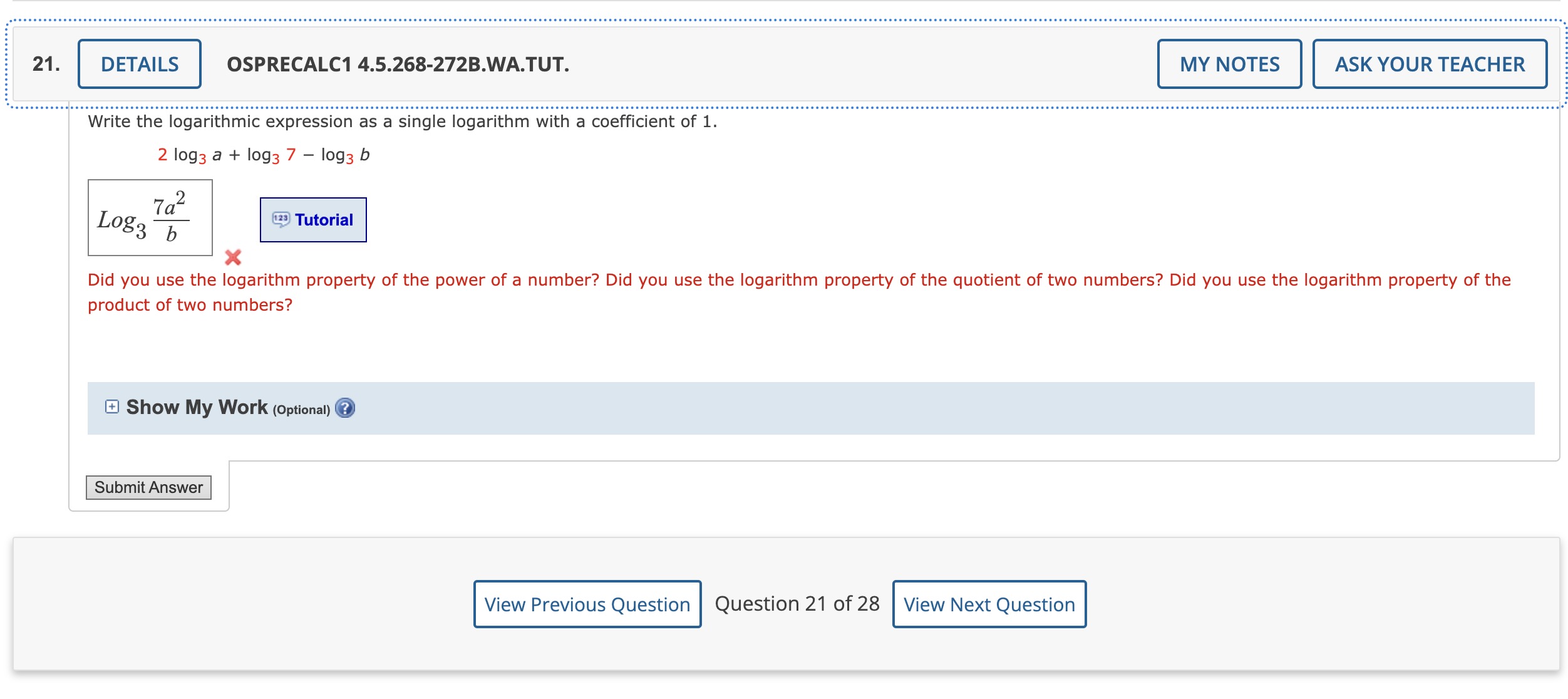 Solved OSPRECALC1 4.5.268-272B.WA.TUT. Write the logarithmic | Chegg.com