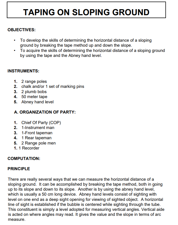 Solved TAPING ON SLOPING GROUND OBJECTIVES: • To develop the | Chegg.com