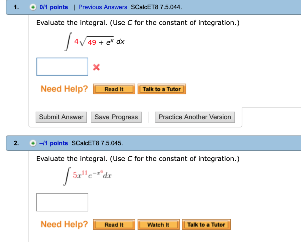 Solved 1. 0/1 points | Previous Answers SCalcET8 7.5.044 | Chegg.com