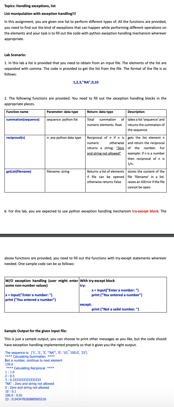 Solved Topics: Handling exceptions, list List manipulation | Chegg.com