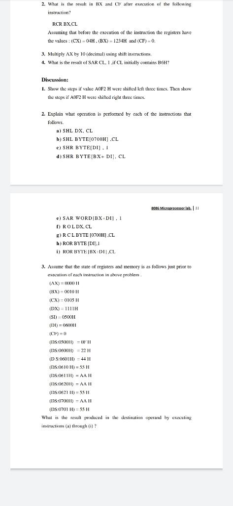 Solved 2. What is the result in BX and CF after execution of | Chegg.com