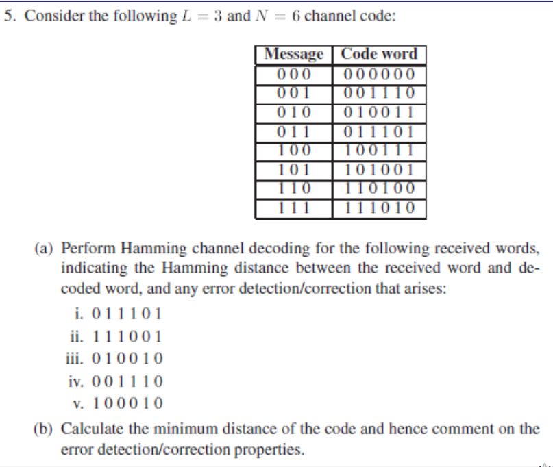 Solved 5. Consider the following L=3 and N=6 channel code: | Chegg.com