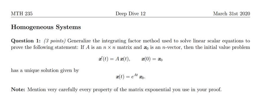 Solved Integrating Factors for Linear Systems Exponential | Chegg.com
