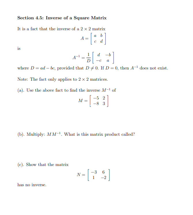 Solved Section 4.5: Inverse of a Square Matrix It is a fact | Chegg.com
