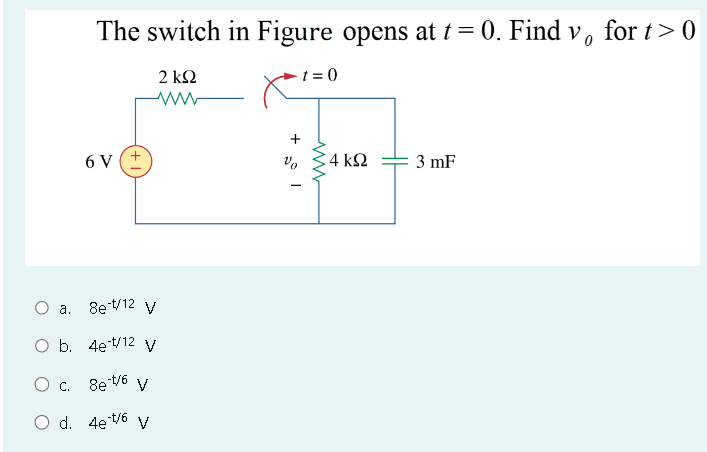 Solved The switch in Figure opens at t=0. Find v0 for t>0 a. | Chegg.com