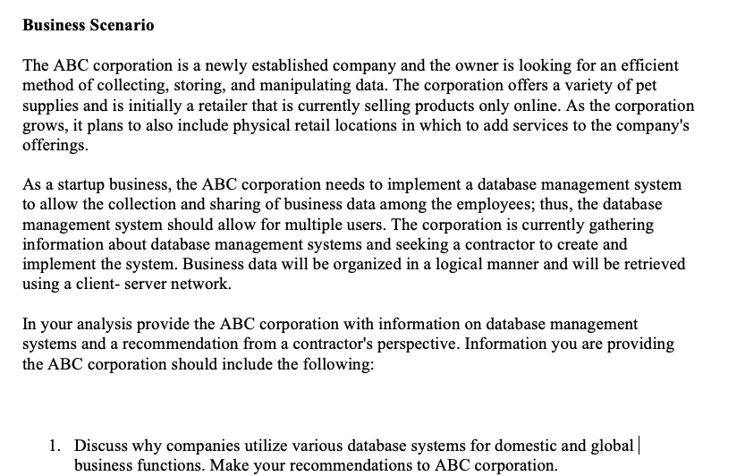 Solved Business Scenario The ABC corporation is a newly | Chegg.com