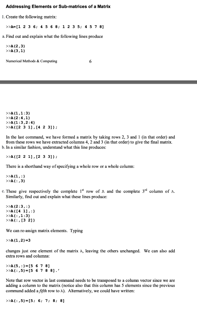 Solved Addressing Elements or Sub-matrices of a Matrix 1. | Chegg.com
