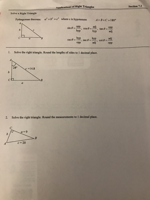 Solved of Right Triangles Applications Section 7.1 Solve a | Chegg.com