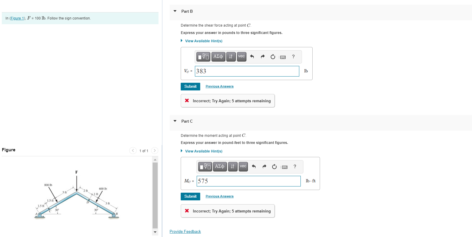 Solved In (Figure 1), F=100lb. Follow the sign convention. | Chegg.com