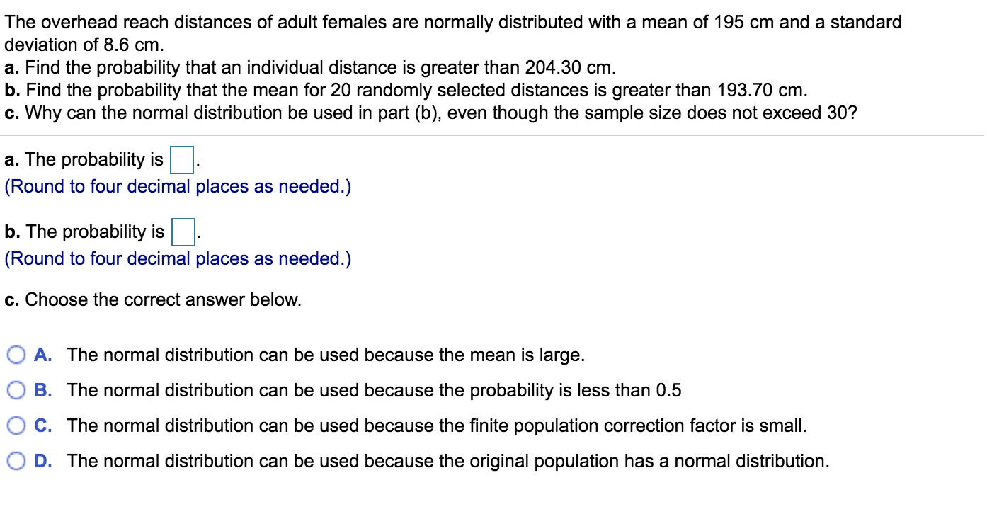 Solved The overhead reach distances of adult females are | Chegg.com