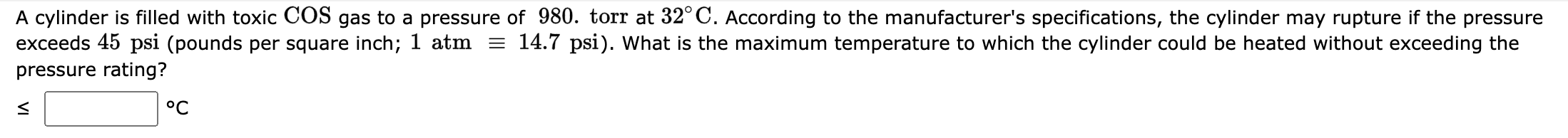 Solved A cylinder is filled with toxic COS gas to a pressure | Chegg.com