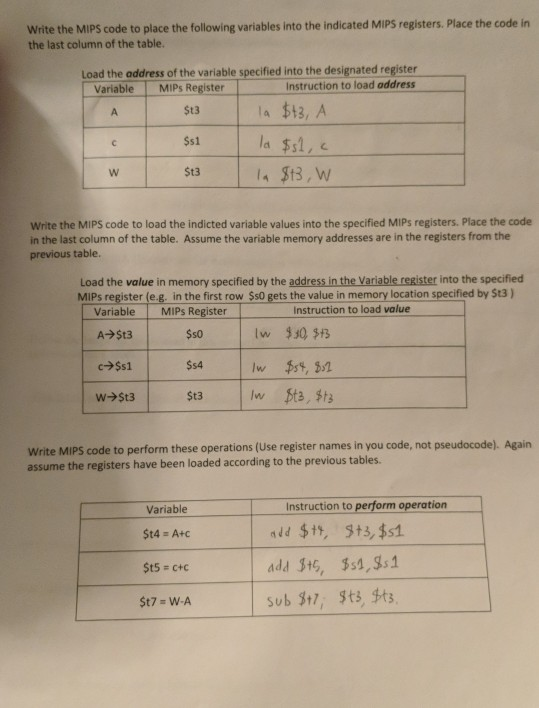 Solved Write the MIPS code to place the following variables | Chegg.com