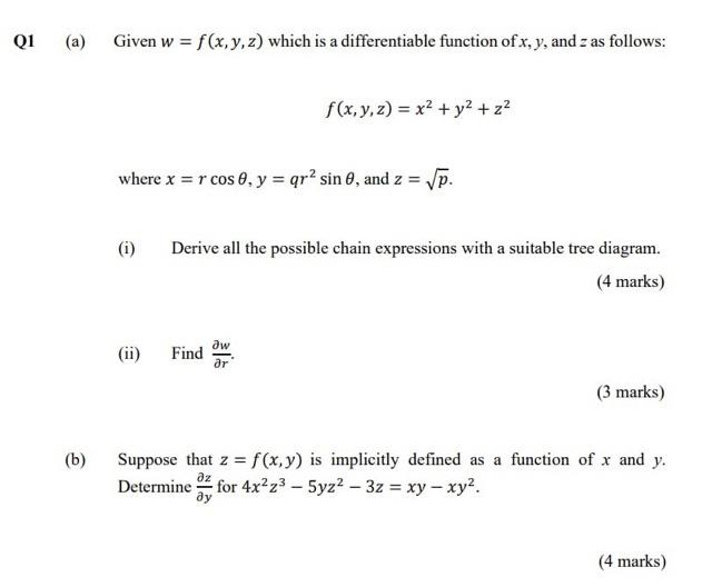 Solved Given w=f(x,y,z) which is a differentiable function | Chegg.com
