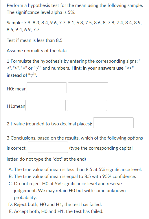 Solved Perform a hypothesis test for the mean using the | Chegg.com